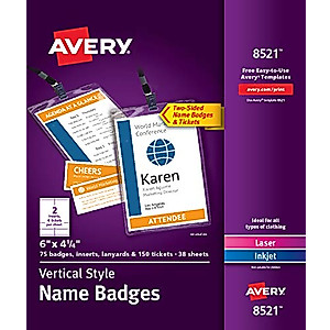 Avery Customizable Name Badges, 6" x 4.25", Printable Name Tag Inserts with Tickets, 75 Vertical Name Tag Holders with Lanyards (8521)