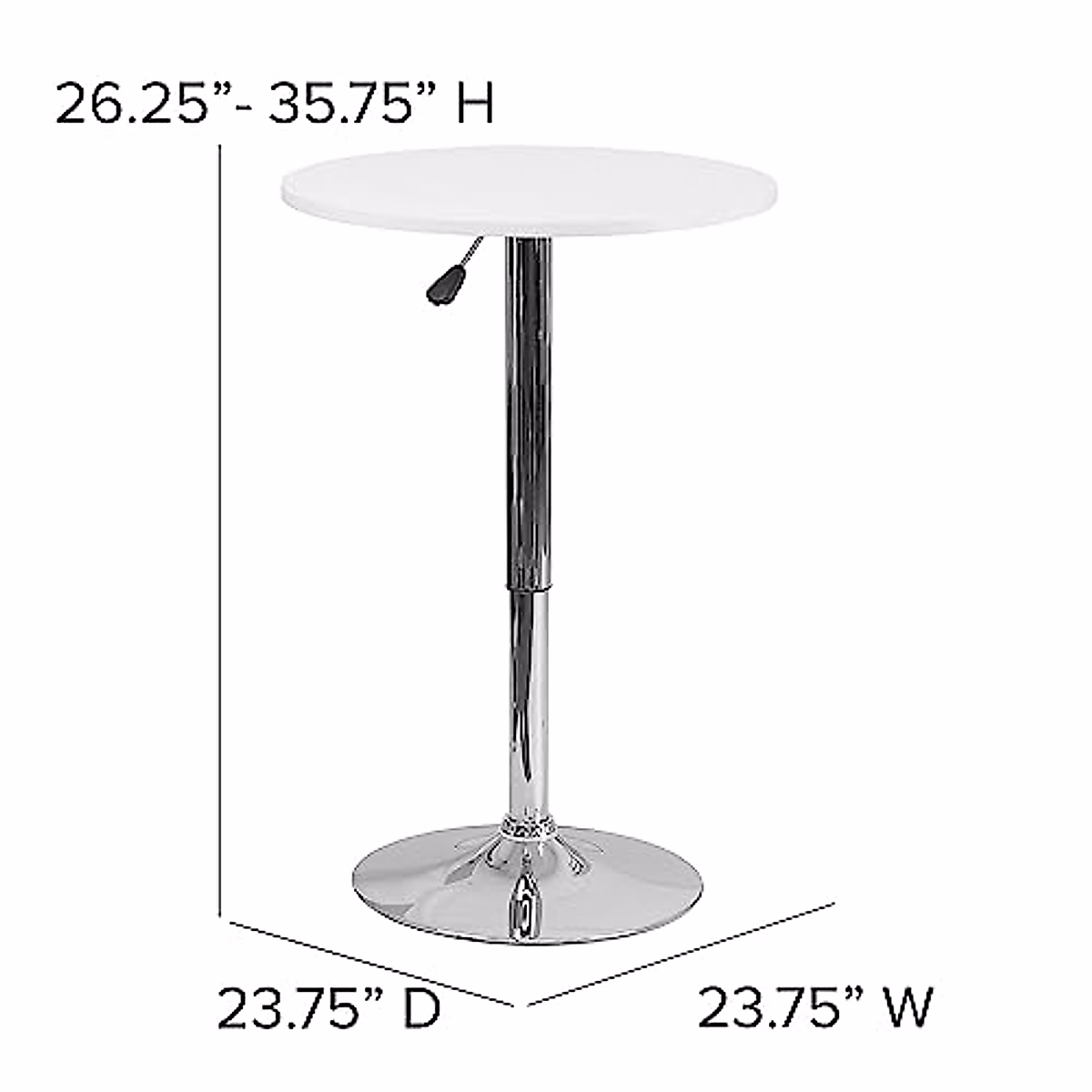 Flash Furniture Pearl 23.75'' Round Wood Dining Table with Chrome Base, Narrow Round Wood Cocktail Table, Adjusts 26.25'' - 35.75"H, White/Silver