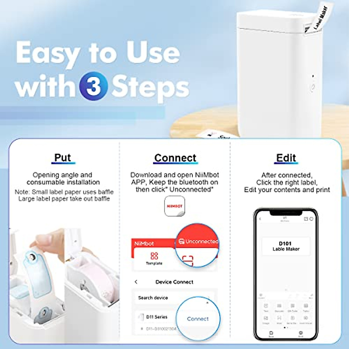 Binardat 1 Inch Label Maker Machine with Tape,15-25MM Portable Thermal Bluetooth D101 Printer for IOS/Android APP, with Multiple Fonts, Emojis, Symbols, Easy to Print Name, Address, Barcode Labels