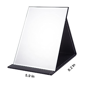 PSG.LGD Makeup Mirror,Portable Folding Mirror with Adjustable Stand for Tabletop,PU Leather,Perfect Size for Camping,Vocation,Home Vanity and Office Desk,Black