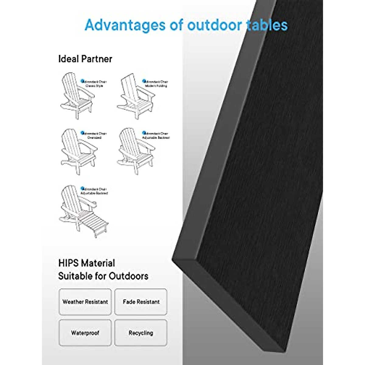 MXIMU Outside Adirondack Square Side Table, Weather Resistant Patio Table, Outdoor End Tables for Backyard, Pool, Indoor Companion, Front Porch (Single Layer, Black)