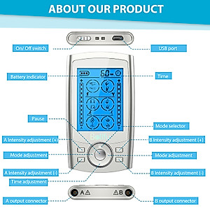 Belifu Dual Channel TENS EMS Unit 24 Modes Muscle Stimulator for Pain Relief Therapy, Electronic Pulse Massager Muscle Massager with 10 Pads, Dust-Proof Drawstring Storage Bag, Fastening Cable Ties