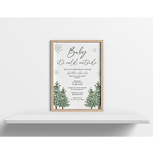 Baby It's Cold Outside Baby Shower Invitations Winter Invites Gender Neutral Unisex Trees Nature Green Snowflakes Snowfall Personalized Customized Custom Printed Cards (12 count)