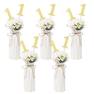 Gexolenu 10 PCS Gold Double-Sided 1st Birthday Centerpieces for Tables, Glitter Age ONE Cake Picks Decor, First Happy Birthday Party Decorations Baby Shower Anniversary Party Supplies