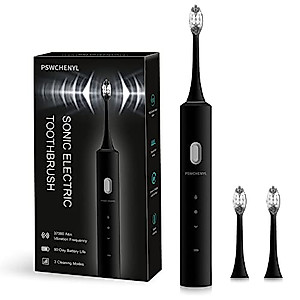 PSWCHENYL Sonic Electric Toothbrush USB Rechargeable with 6 Brush Heads 3 Modes with 2 Minutes Build in Smart Timer for Adults and Kids, One Charge for 60 Days IPX7 Waterproof Cleaning（Black）