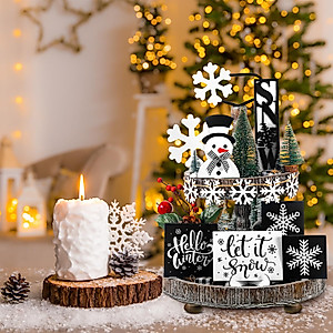 FairySandy 15 Pcs Winter Tiered Tray Decor Set Black and White Snowflake Table Wood Decoration Snowman Wooden Sign Rustic Farmhouse Coffee Bar Signs Winter Tray Decor for Home Xmas Holiday Tabletop