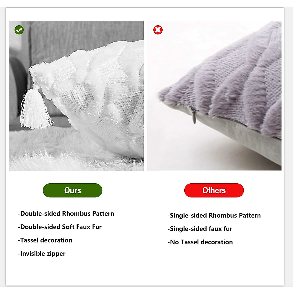 Faux Fur Wool Pillow Covers 18 x 18 Inch, 2 Pack Rhombus Pattern Throw Pillow Covers Pillow Shams with Tassels Decorative, Home Decorative Square Pillowcase Cushion Cover for Couch Sofa Bedroom