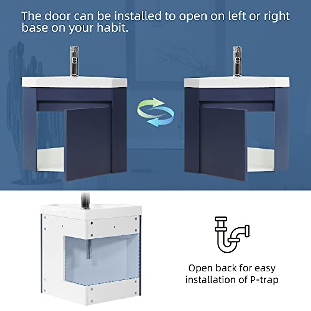 walsport 16" Corner Bathroom Vanity Floating Single Sink Combo for Small Space Wall Mounted Cabinet Set Design Resin Basin Sink Top Chrome Faucet and Drain,Blue