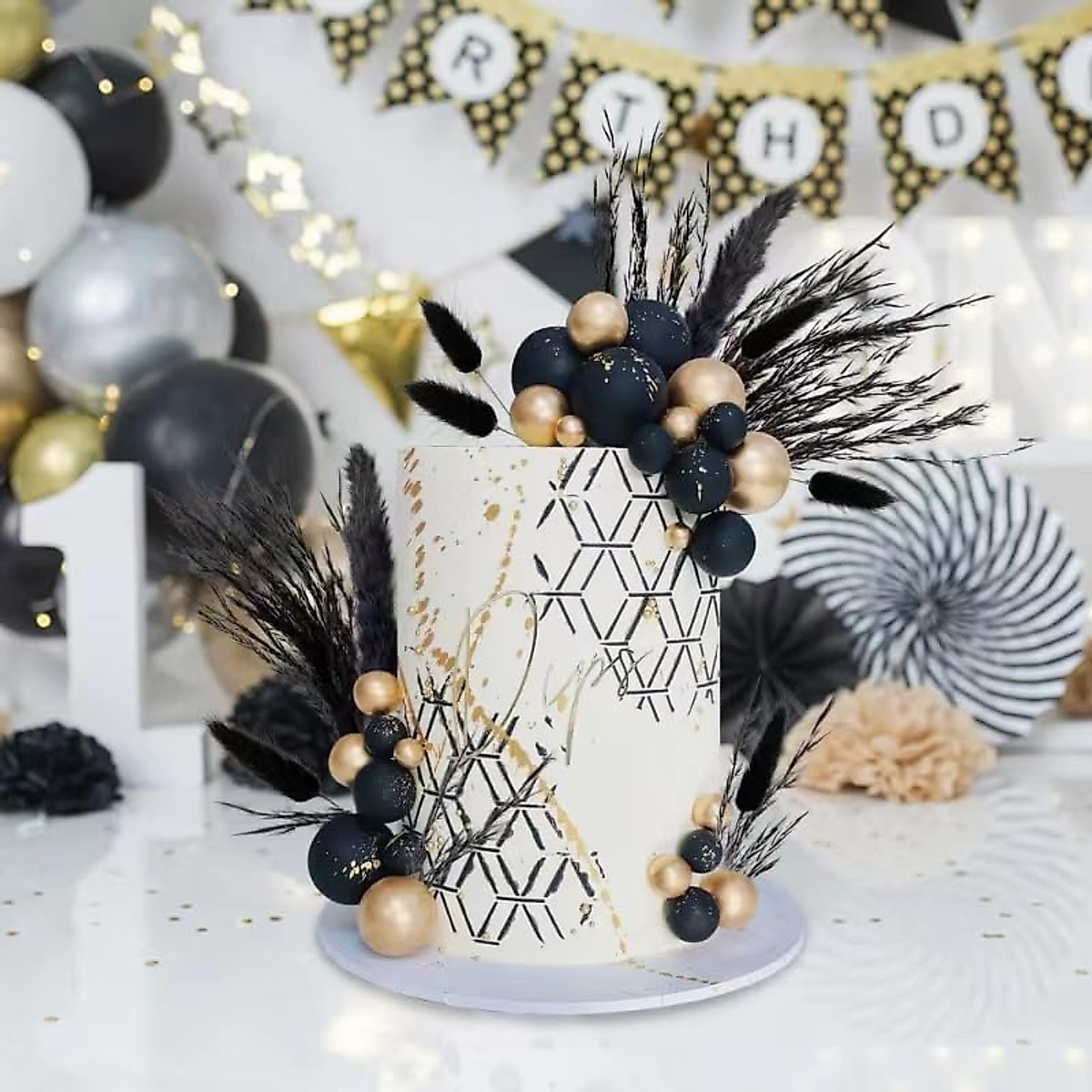 40 PCS Black Gold Cake Toppers Ball Cake Decoration Boho Bunny Tails Reed Grass Cake Decoration for Boho Wedding Birthday Baby Shower Party Cake Decoration Supplies