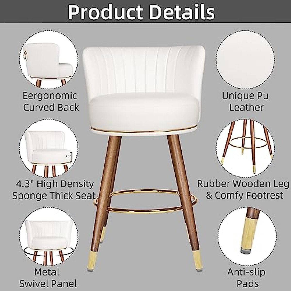 SeekFancy 27" Swivel Bar Stools Set of 4, Counter Heigh Bar Stools with Back, White & Gold Bar Stools with Wood Legs & Footrest, Upholstered Swivel Counter Stools,Leather Bar Chairs for Kitchen Island