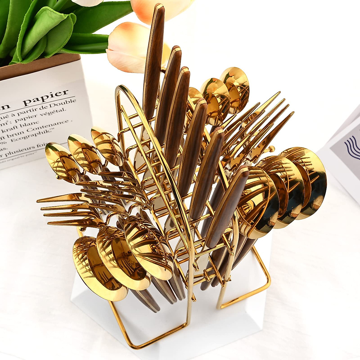 Snplowum 1 Pcs Gold Stainless Steel Cutlery Stand, Holds 24pcs Silverware Cutlery, Hanging Flatware Storage rack, 8.82oz