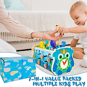 WOODMAM Montessori Toys for 1 Year Old, 7-in-1 Wooden Hammering Pounding Toy with Xylophone and Magnetic Fishing Game, Educational Gift for Boys and Girls 1 Year Old