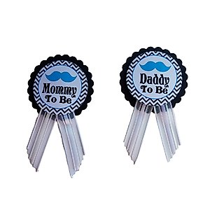 Little Man Mommy & Daddy to Be Pin Mustache Baby Shower Blue & Black It's a Boy, Baby Sprinkle Gender Reveal