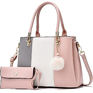 Women Handbags Large Tote Shoulder Bag Crossbody Bag for Women Color Stitching Top Handle Satchel Hobo 2pcs Purse Set Pink