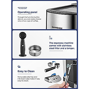 Ihomekee Espresso Machine 15 Bar Pump Pressure, Espresso and Cappuccino Coffee Maker with Milk Frother/Steam Wand for Latte, Mocha, Cappuccino, Silver - CM6826T