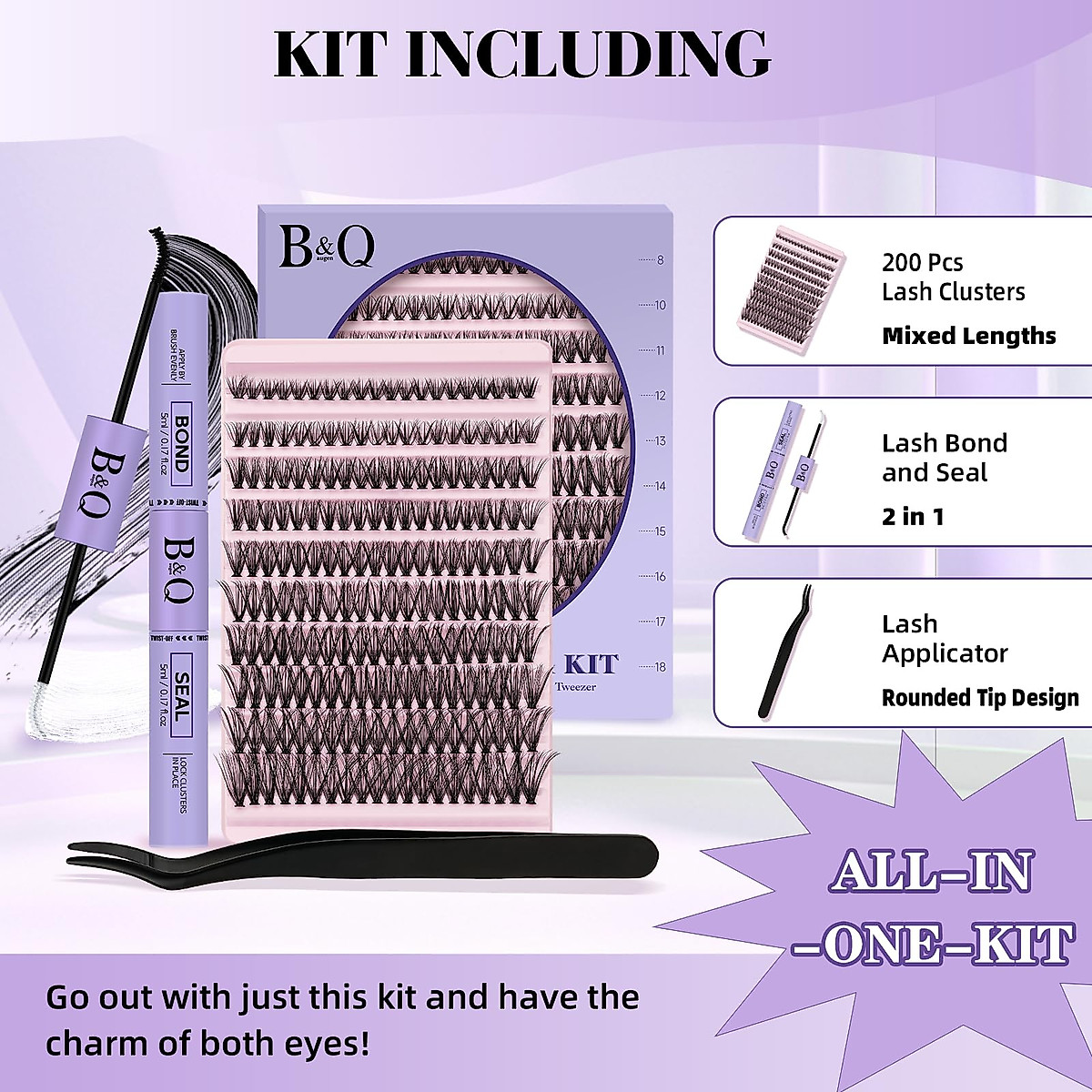 DIY Lash Extension Kit Individual Eyelash Extension Kit B&Q D Curl Cluster Lashes Individual Eyelashes with Lash Bond and Seal, Lash Applicator Tool DIY Lash Extensions at Home (Kit,40D-0.07D-8-18mix)