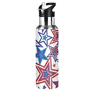 Poeticcity American Blue Red Stars July 4th Seamless on White Stainless Steel Water Bottle, Leak-Proof Vacuum Hot Cold Insulated Mug, Double Walled with Handle Cup Bottle 33.8 Oz