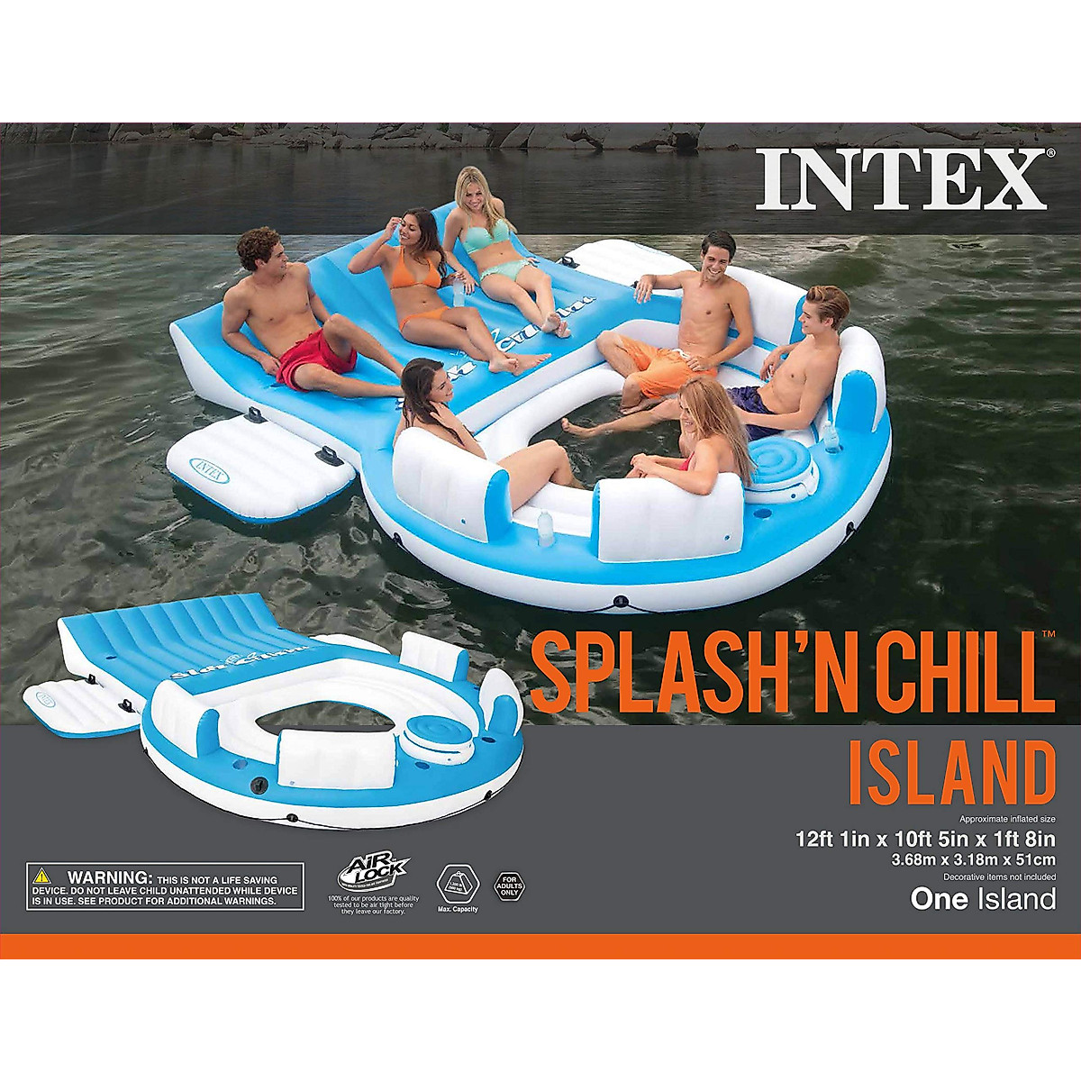 Intex Inflatable Splash N Chill Island Lake Raft Lounger for Up to 7 Adults and Wet Set Adhesive Vinyl Tube Repair Patch 6 Pack Kit