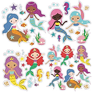 Mermaid Wall Decals Girls Bedroom and Bathroom Decor, 50 Peel and Stick Multicultural Mermaid Stickers for Girls, Includes 4 Sheets 11x11 inches Each Fun Reusable Decals