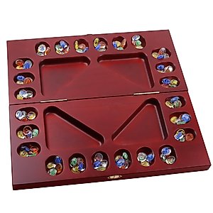 GSE Games & Sports Expert 4-Player Mancala Board Game with Multi-Color Glass Stones, Folding Wooden 4-Way Mancala Family Travel Strategy Games Set for Kids & Adults (Mahogany)