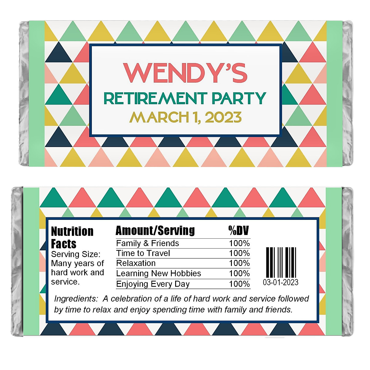 Personalized Candy Wrappers, Colorful Triangle Pattern Party Favors for Any Occasion, Pack of 20 Custom Chocolate Bar Labels