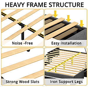 ANCTOR Queen Size Bed Frame with Storage Headboard and Charging Station, Upholstered Platform Bed with 3 Drawers, No Box Spring Needed, Easy Assembly, Grey