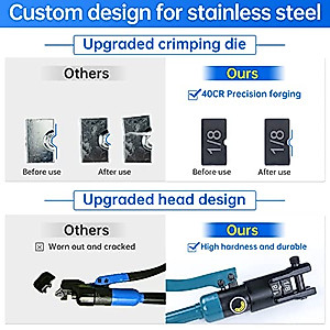 Muzata 60KN Upgraded Custom Hydraulic Hand Crimper Tool for 1/8" 5/32" 3/16" Stainless Steel Cable Railing Kit Wire Rope Swaging 3Pair Dies with Wire Cable Cutter CT01, CT1