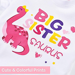 WAWSAM Dinosaur Big Sister Announcement T Shirt Promoted Outfits for Toddler Girls 100% Cotton Promoted to Big Sister Shirt (White, 2T)