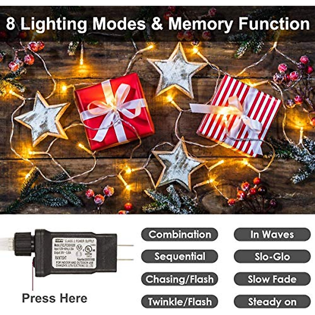 XUNXMAS 109ft 300 LED Christmas String Lights Indoor Outdoor, 8 Modes Christmas Tree Lights, Connectable Waterproof Twinkle Fairy Lights for Bedroom Party Patio Christmas Tree Decor(Warm White)