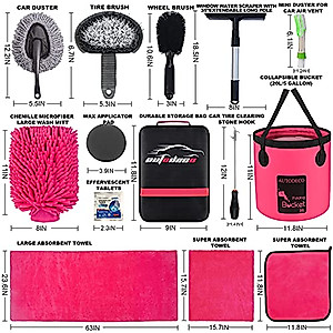 AUTODECO 24Pcs Car Wash Cleaning Tools Kit Car Detailing Set with Canvas Bag Pink Collapsible Bucket Larger Wash Mitt Towels Tire Brush Extendable Window Scraper Complete Interior Car Care Kit