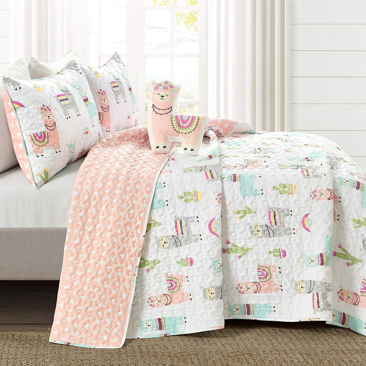 Lush Decor Southwest Llama Cactus Quilt, 3 Piece Set, Twin, White & Blush - Cute Kids Reversible Print Toddler Bedding Set