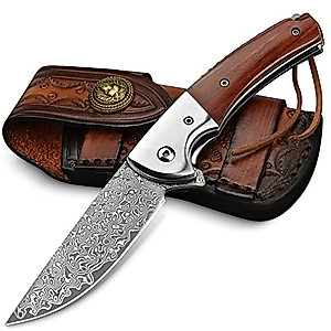 LOTHAR Damascus Pocket Knife for Men, Excellent Damascus Folding Knife Gifts for Men, VG10 Damascus Steel and Leather Sheath, Men Gifts for Birthday, Anniversary, Christmas Stocking Stuffers for Men