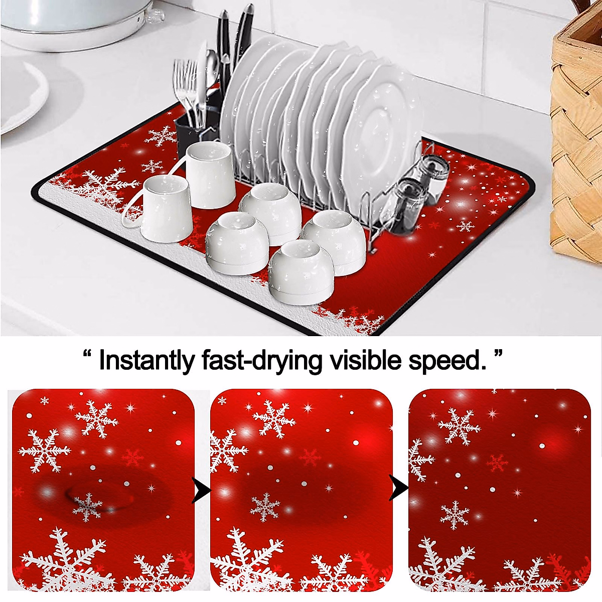Lnond Anti Fatigue Kitchen Floor Mat, Kitchen Mat Sets 3 Piece with Dish Drying Mat, Non Skid Waterproof Washable Cushioned Floor Mats for kichen Room Home Office Sink (Red Christmas Snowflakes)