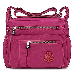 SHIFANQI Crossbody Bag for Women, Multi Pockets Waterproof Nylon Shoulder Handbag, Fashion Travel Crossbody Purse, Lightweight Purse for Women (Purplish Red)