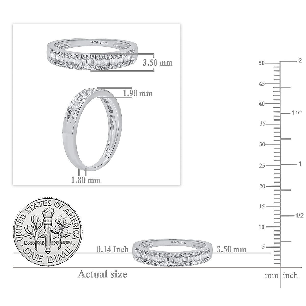 Dazzlingrock Collection 0.30 Carat (ctw) 10K Round & Baguette Diamond Ladies Wedding Band 1/3 CT, White Gold, Size 7