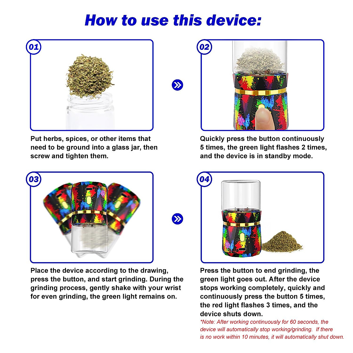 Electric Herb Grinder Portable Mini Spice Crusher Grinders with 2PCS 1.7oz/50ml Glass Jar Herb Chamber USB Rechargeable Automatic Herbal Grinder