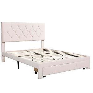 Altillo Full Size Velvet Upholstered Platform Bed Frames with Large Storage Drawer, Mid-Century Modern Platform Bed with Solid Wood Slat Support for Bedroom Boys Girls, Under Bed Storage, Beige