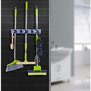 Broom Mop Rack and Garden Tool Storage Rack, ABS Material, Wardrobe Storage, Kitchen Rack, Home Finishing and Garage Storage Rack, Suitable for Rake or Mop Handle, 5 Handle Slots and 6 Hooks (Gray)