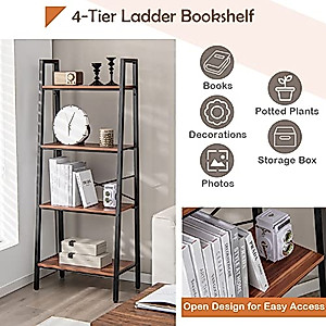 Tangkula 4-Tier Ladder Bookshelf, Freestanding Open Bookcase with Metal Frame & Anti-toppling Device, Industrial Wooden Storage Display Shelf Plant Stand for Living Room Study Balcony (2, 4-Tier)