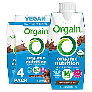Orgain Organic Vegan Plant Based Nutritional Shake, Smooth Chocolate - Meal Replacement, 16g Protein, 22 Vitamins & Minerals, Dairy Free, Gluten Free, 11 Fl Oz (Pack of 4)