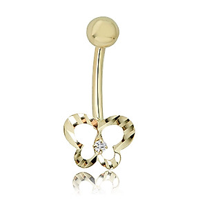 AVORA 10K Yellow Gold Open Butterfly 0.02 CT Genuine Diamond Belly Button Ring Body Jewelry (14 Gauge)