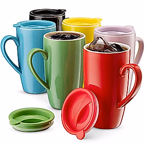 MITBAK 6-Pack Ceramic Coffee Mug Set with Lids (16-Ounce) | Large Colored Tumbler Mugs Great for Taking Your Coffee & Tea To-Go | Large Insulated Mug Set Excellent Choice for Camping, Travel & Office