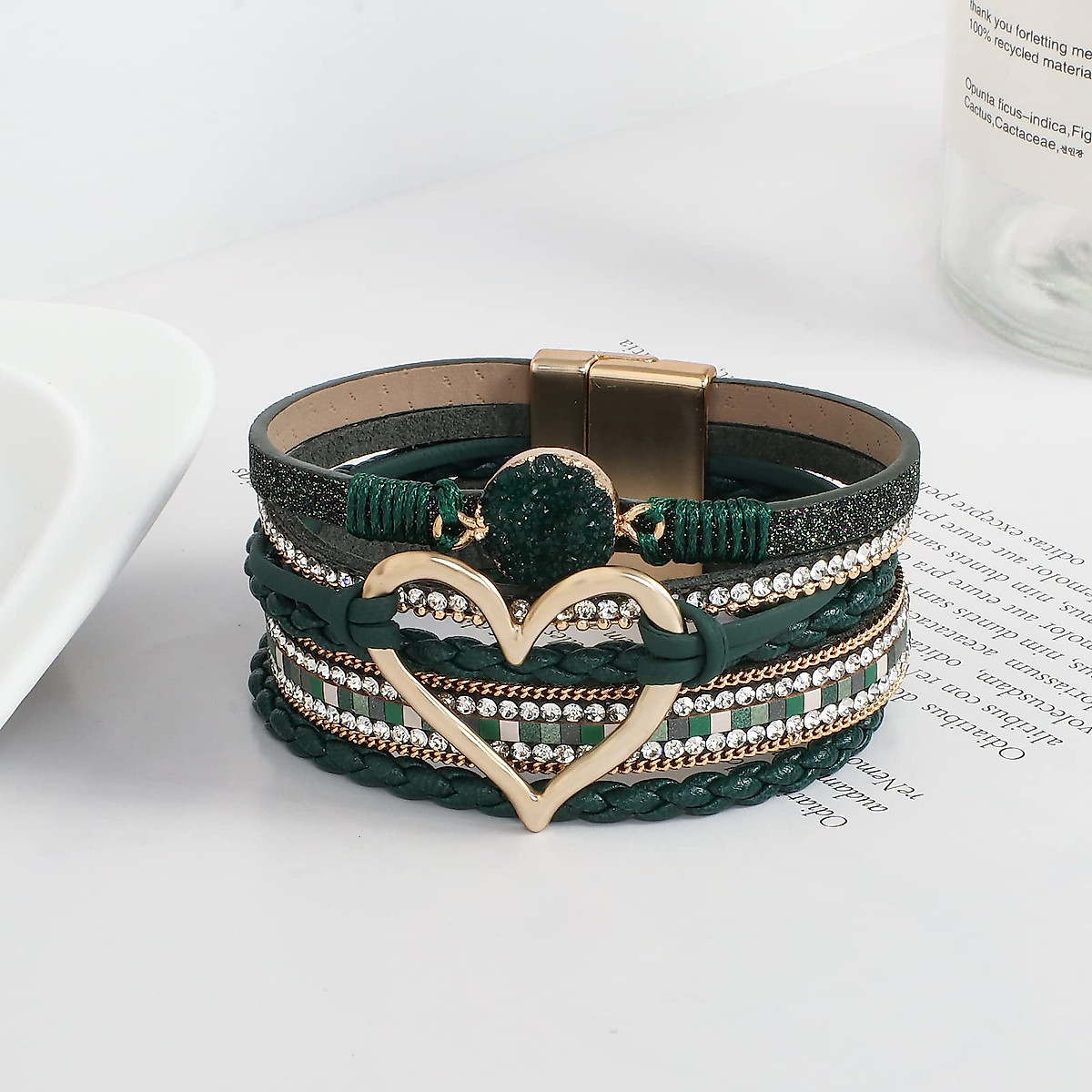 hotoo Leather Wrap Bracelet for Women Green Beaded Cuff Bracelet with Heart-shape Decor Bohemian Crystal Bracelet Jewelry with Clasp Bangle Bracelet for Women Birthday Holiday Gift