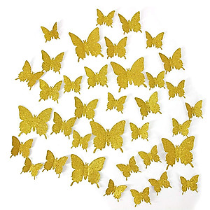 Mybbshower Gold 3D Paper Butterfly Wall Stickers for Home Door Wall Decor Birthday Party Decoration Kids Room Pack of 36