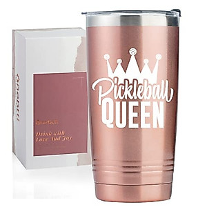 Pickleball Gifts for Women, Gifts for Pickleball Lovers, Pickleball Accessories, PICKLEBALL QUEEN, Rose Gold Insulated 20oz Stainless Steel Travel Tumbler with Straw, Brush, Lid, and Gifts Box