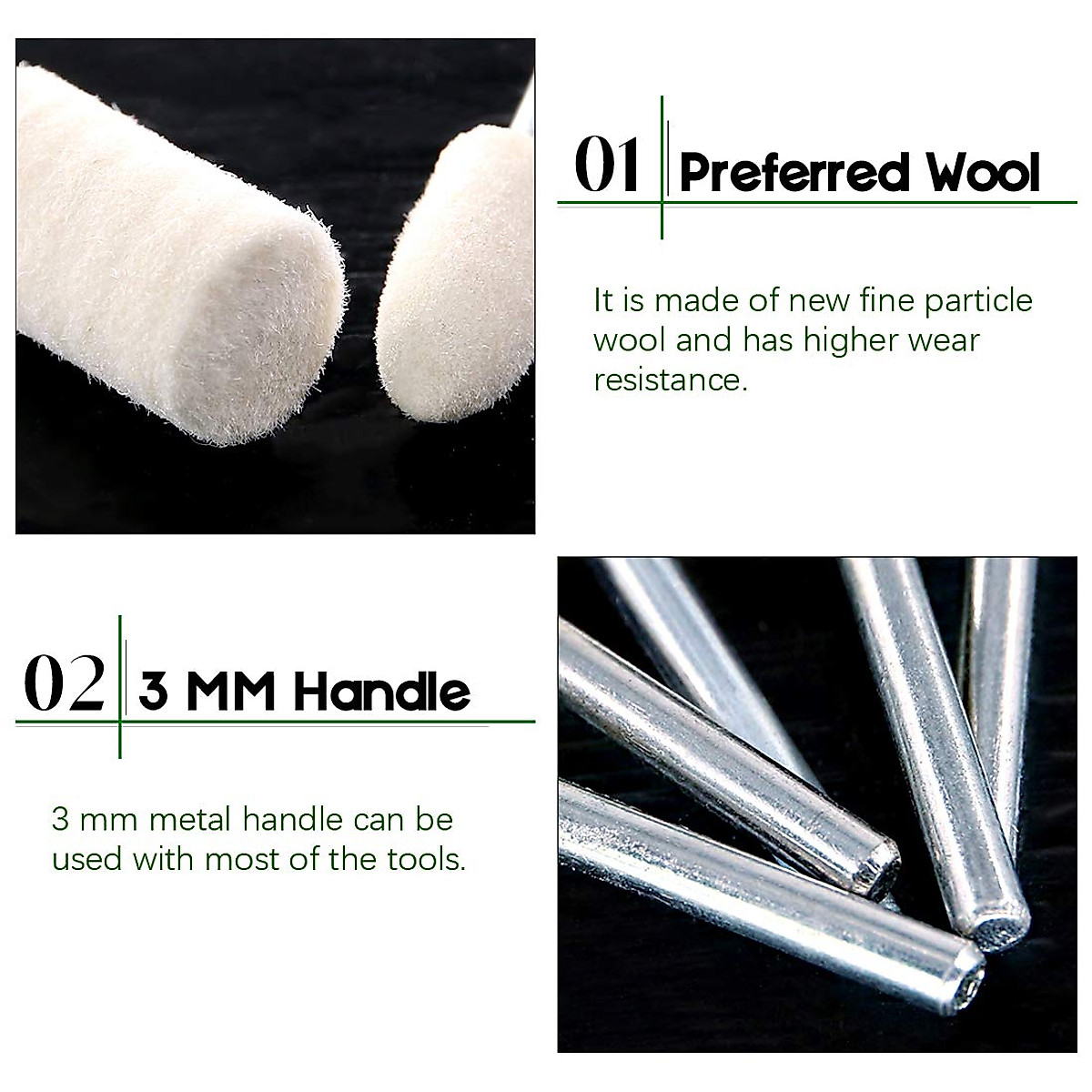 Keadic 100pcs Multifunctional Wool Felt Polishing Bits Mandrel Mounted Grinding Buffing Accessories Attachment Set - 1/8 Inch Shank