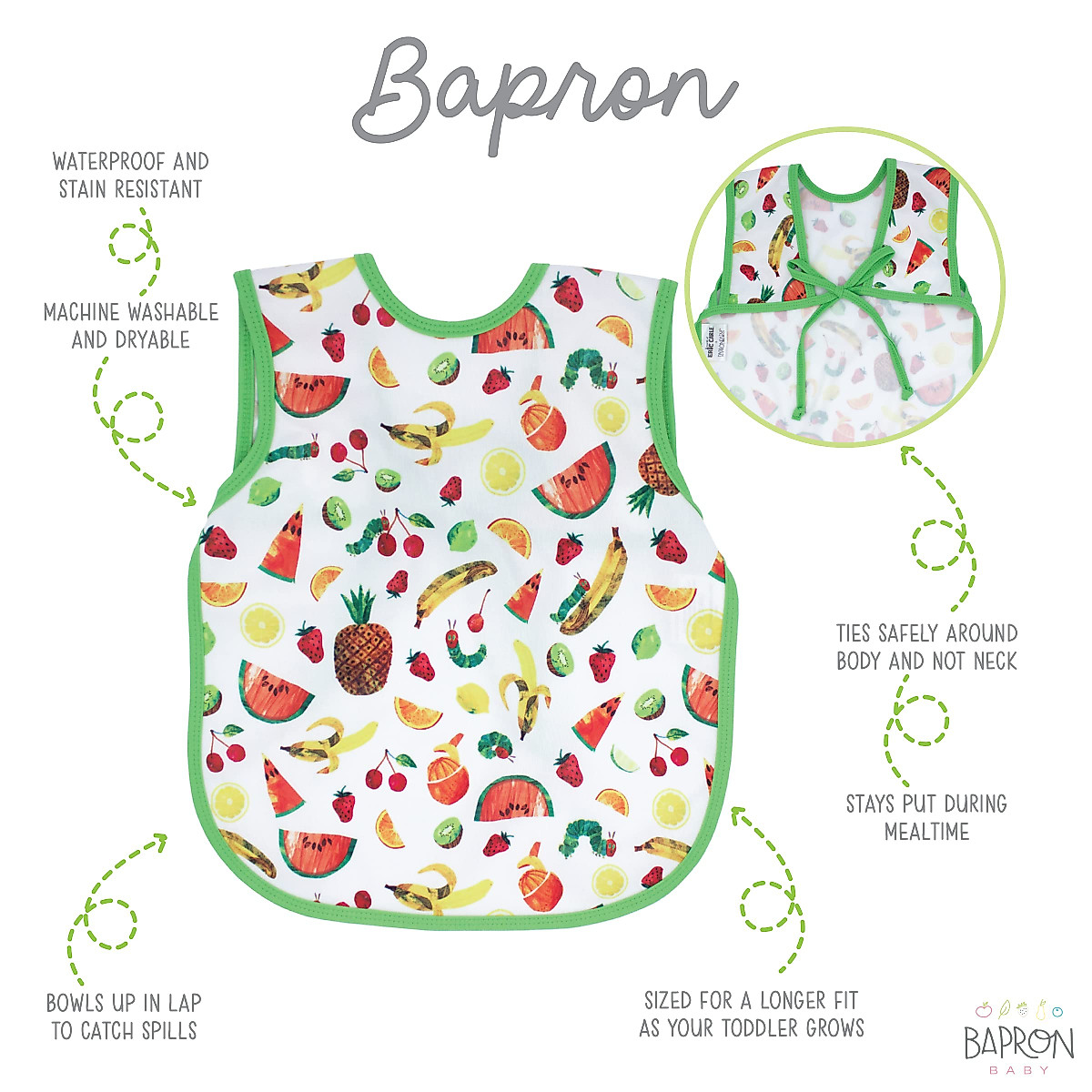BapronBaby Eric Carle Tropical Fruit Bundle - Bapron (Sz Baby/Toddler 6m-3T) + Wet Bag 11" x 9" Bundle - Soft Waterproof Stain Resistant Bib - Machine Washable