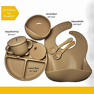 Li'l Rockstar Baby Led Weaning Supplies - Silicone Baby Feeding Set – Silicone Baby Bibs Suction Bowl Divided Plate Cup Self Feeding Spoons – Baby Toddler Dish Set (Dark Beige)