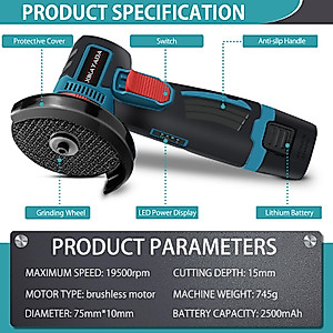 Mini Angle Grinder, 12.6V 3inch Angle Grinder with 2 * 2500mAh Batteries and 5 Grinding Wheels, Brushless Motor 19500RMP Cordless Grinder, Cutting/Deburring/Derusting Grinder Tool (Blue)