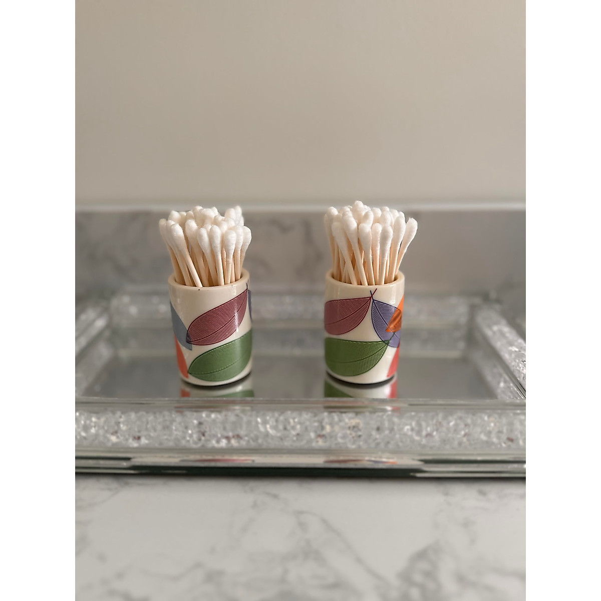 Home Haven Qtip Holder - Retro Leaves Design - Q Tip Holder for Bathroom, Bathroom Vanity Decor, Floss Pick Holder, Cotton Swab Holder, Bathroom Sink Decor, Flosser Holder, Cute Bathroom Decor